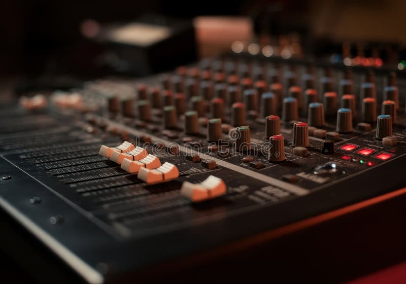 Close-up of a Professional Audio Mixing Console with Various Controls ...