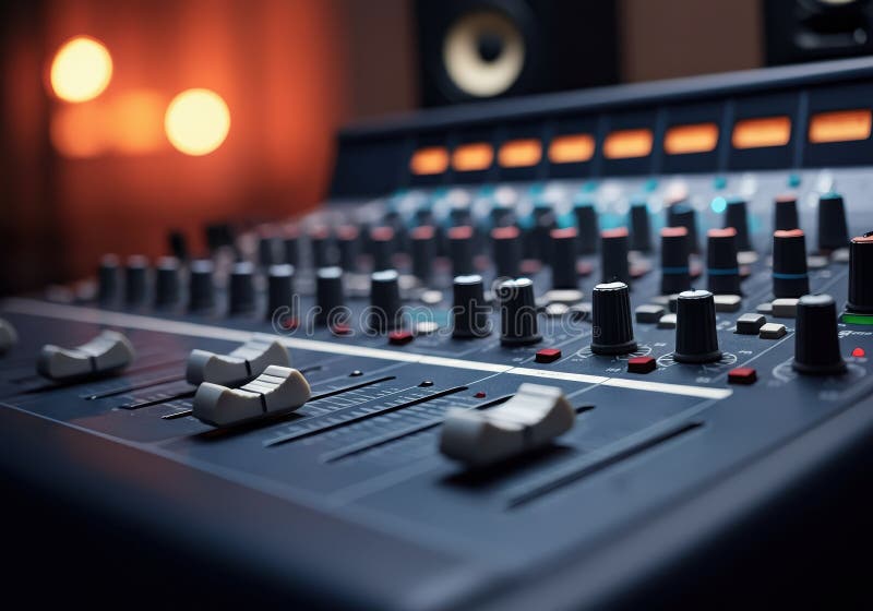 Close-up of a Professional Audio Mixing Console with Various Controls ...