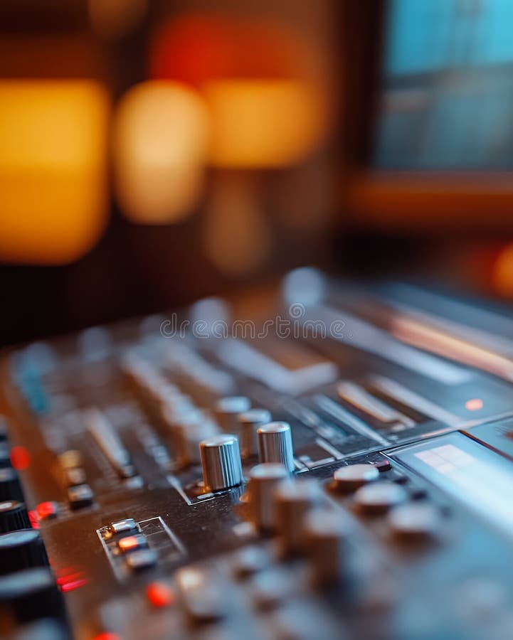Close-up of a Professional Audio Mixing Console with Various Knobs and ...