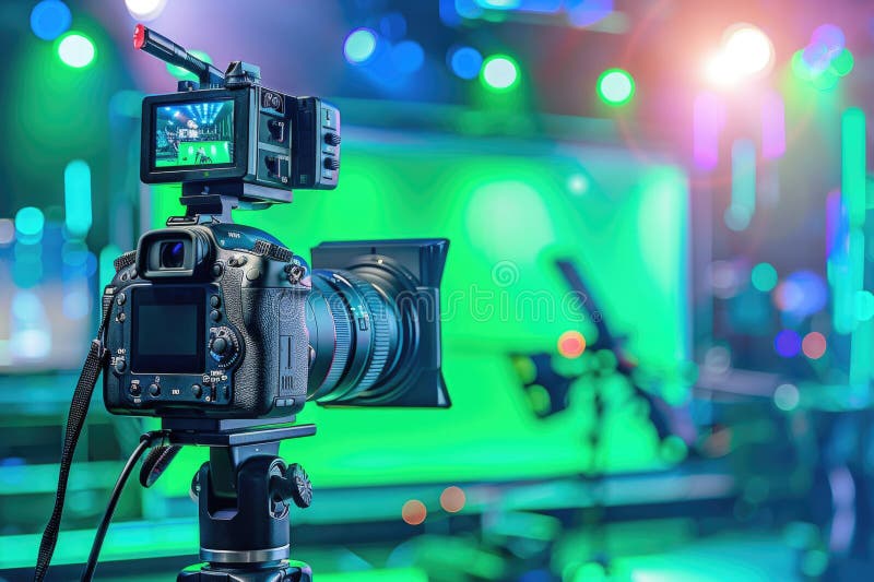 Close-up of a Professional Camera Recording in a Green Screen Studio ...