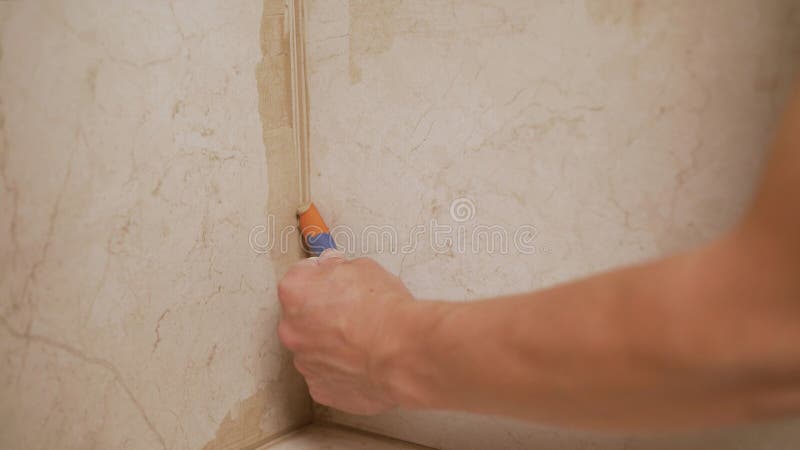 Close-up of a Professional Cleaner Cleaning Solution on Bathroom Tiles ...