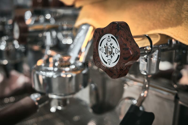 Close Up of Professional Coffee Machine. Brown Handles and Chrome ...