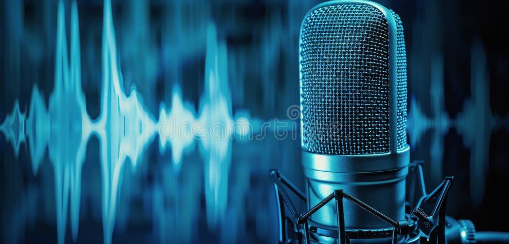 Close Up of Professional Microphone in Recording Studio with Blue Audio ...