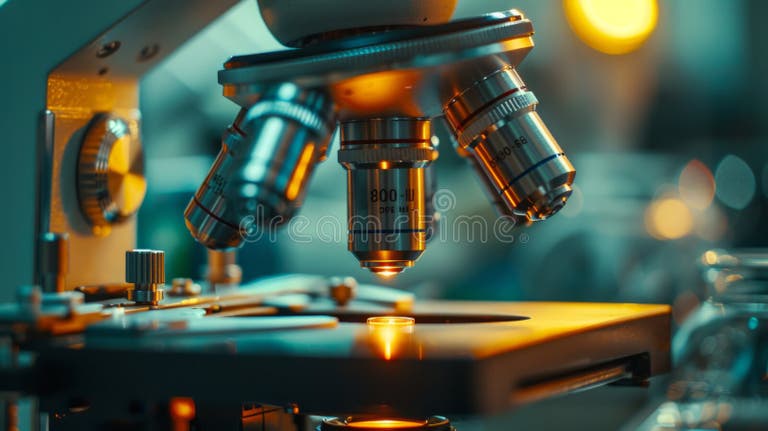 Close-up of a Professional Microscope with Multiple Objective Lenses in ...