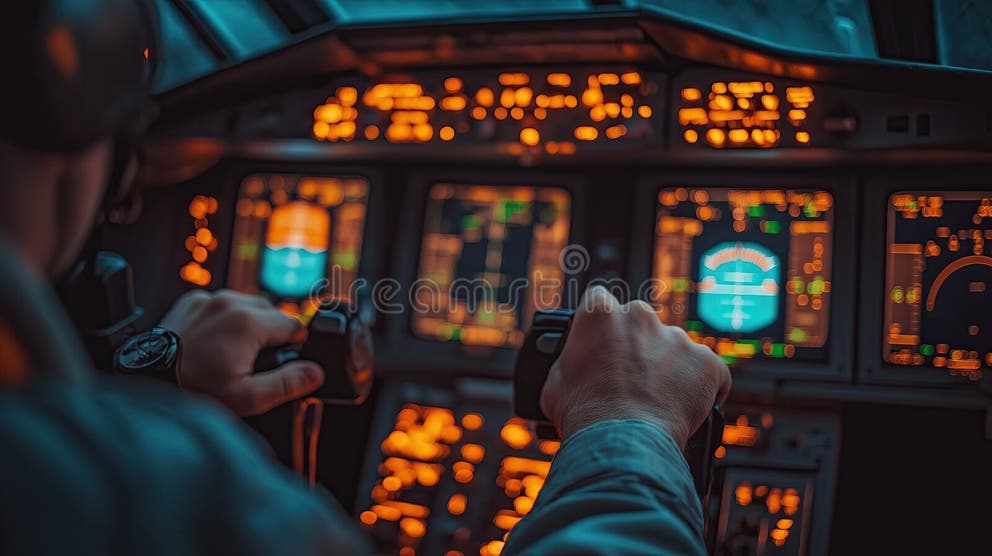 Commercial Airline Pilot Operating Cockpit Controls during Night Flight ...