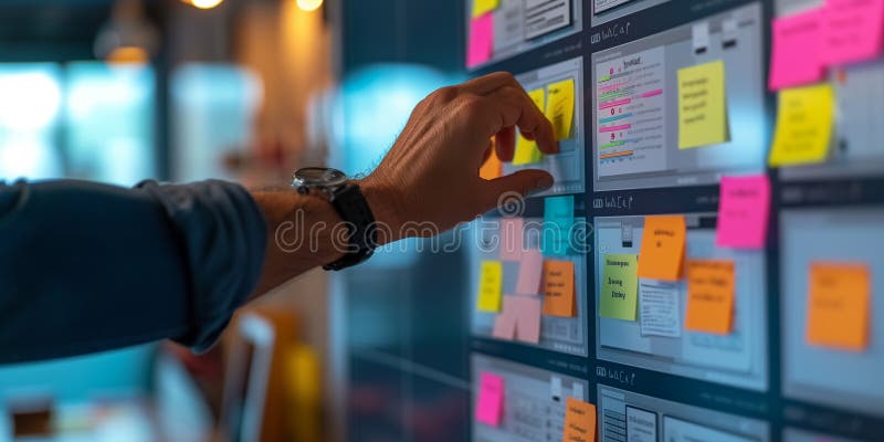 Close-up of a Professional S Hand Organizing Sticky Notes on a Digital ...