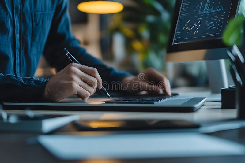Close-up of Professional Working on Laptop with Stylus Pen, Modern ...