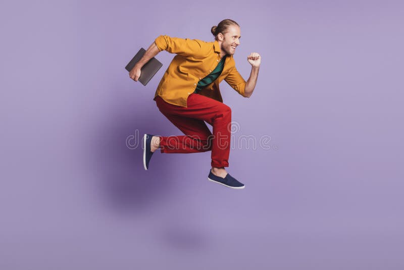Close Up Profile Portrait of Crazy Active Guy with Beard Hold Netbook ...