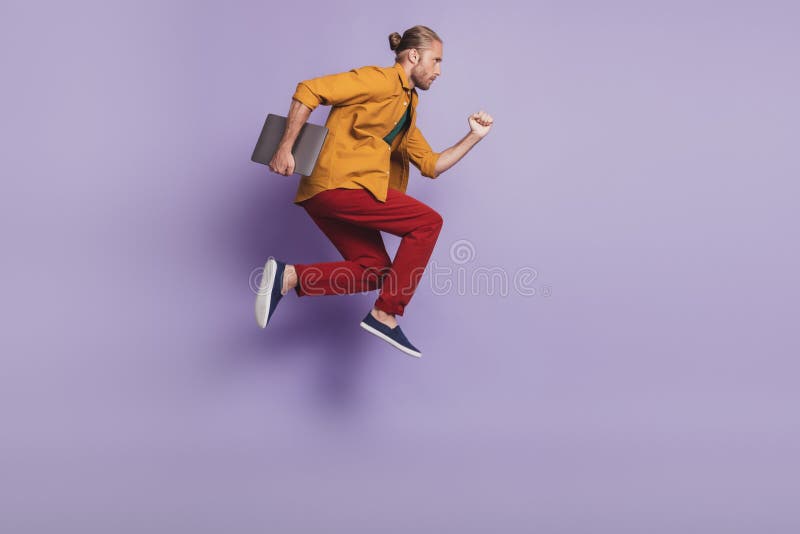 Close Up Profile Portrait of Guy with Beard Hold Computer Jump Run ...