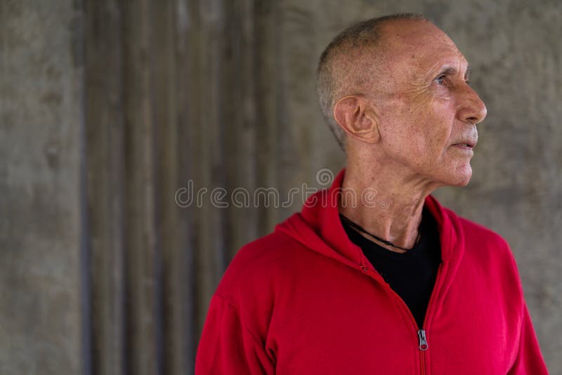 Close Up Profile View of Bald Senior Man Thinking while Wearing Stock ... Close Up Profile View of Bald Senior Man Thinking while Wearing Stock ...