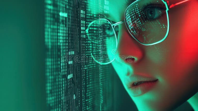 Programmer Analyzing Glowing Source Code on Transparent Display, Bathed ...