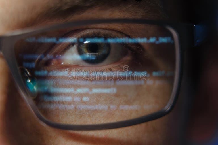 Close-up of Programmer with Code Reflection Stock Photo - Image of ...