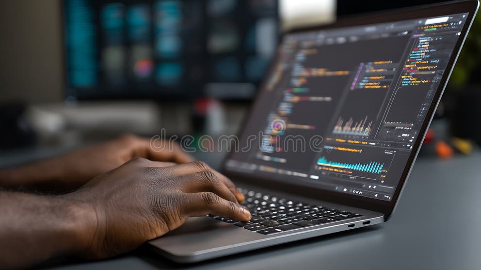 Close Up of Programmer Coding on Laptop with Analytical Dashboard African American Developer ...
