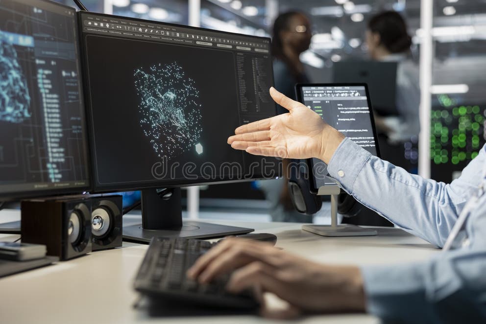 Close Up of Programmer Looking at Computer Monitor in Data Center, Running Scripts Stock Image ...
