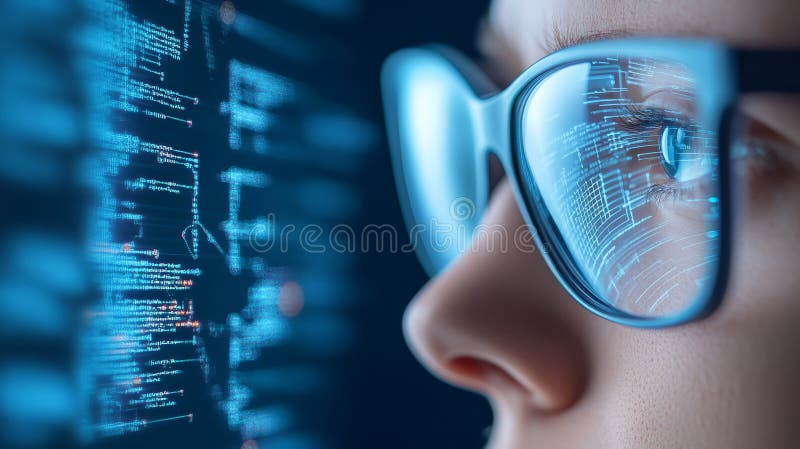 Close Up Of Programmer Reflecting Computer Code Stock Illustration