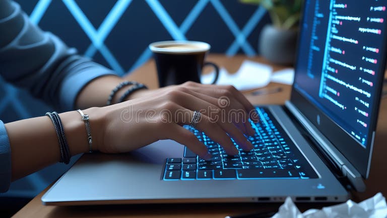 A Close-up of a Programmer S Hands Typing Code on a Sleek Laptop in a Modern Workspace Stock ...