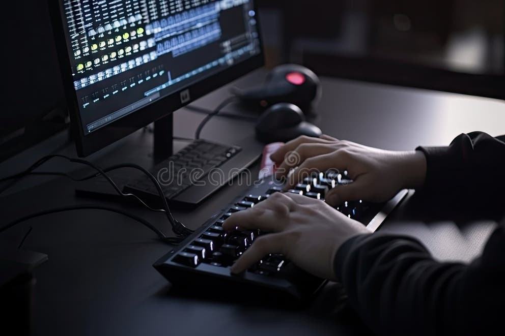 Close-up of Programmer& X27;s Hands, Typing Commands into Virtual Robot ...