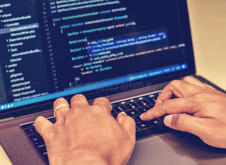 Close-up of a Programmer`s Hands Writing Source Codes. Stock Image - Image of computer, coding ...