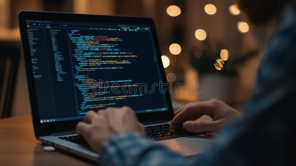 Close-Up of Programmer Working on Laptop with Code on Screen Stock Illustration - Illustration ...