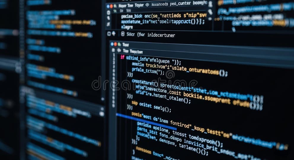 Close-up of Programming Source Code on Dark-themed IDE Across Multiple Screens, Symbolizing ...