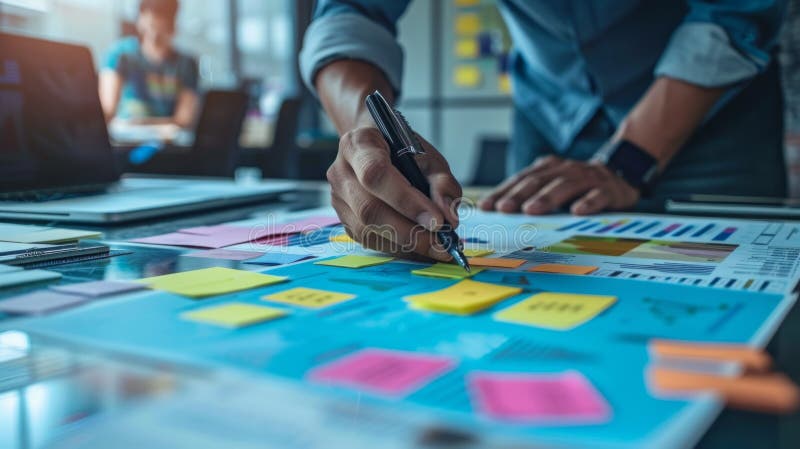 Close-up of Project Planning with Sticky Notes and Charts, Illustrating ...