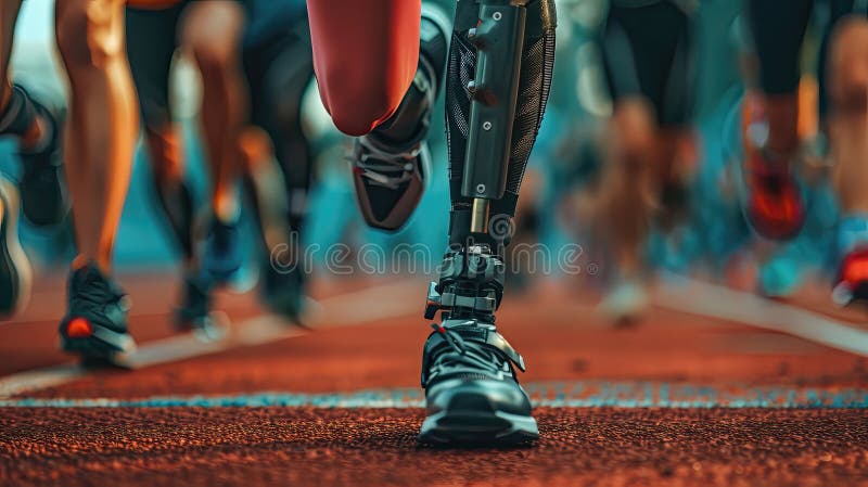 Close-up of a Prosthetic Leg Amidst Runners on a Track. Stock Image ...