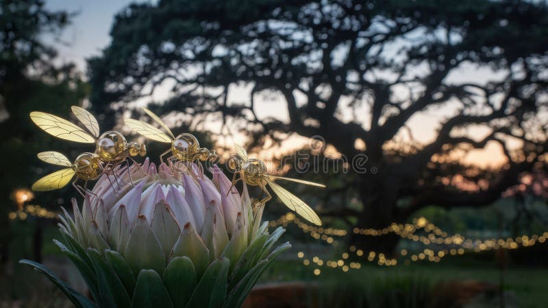 Close-up of a Protea Flower with Golden Dragonfly Sculptures at Sunset ...