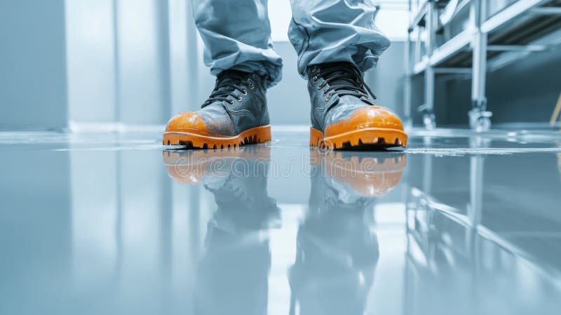Close-up of Protective Work Boots on Shiny Industrial Floor Showcasing ...
