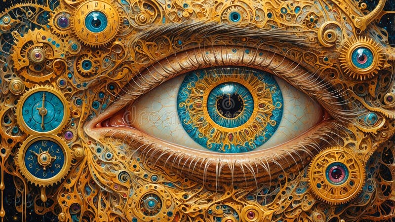 Close Up of a Psychedelic Art Image of an Old Clock with Golden Numbers ...