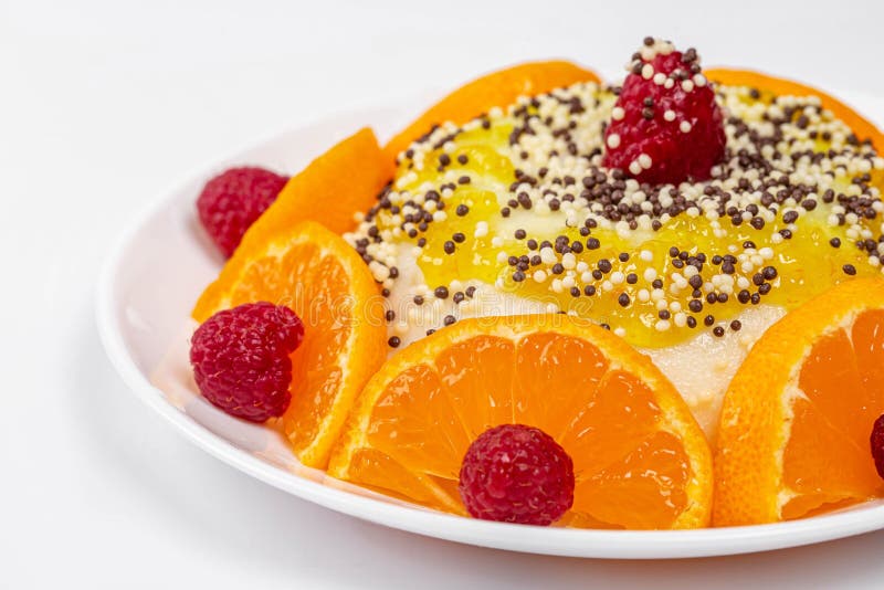 Close-up, Pudding with Slices of Tangerine and Raspberry Stock Image ...