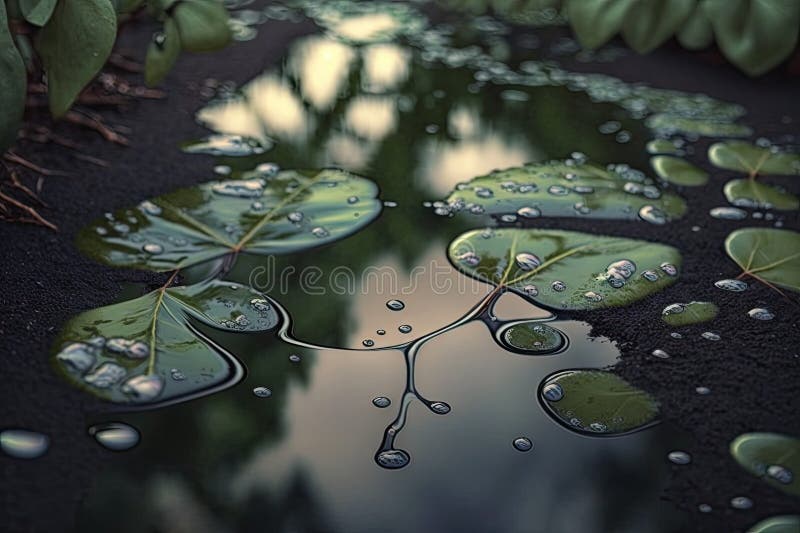 Close-up of Puddle, with Raindrops Reflecting the Sky and Surrounding ...
