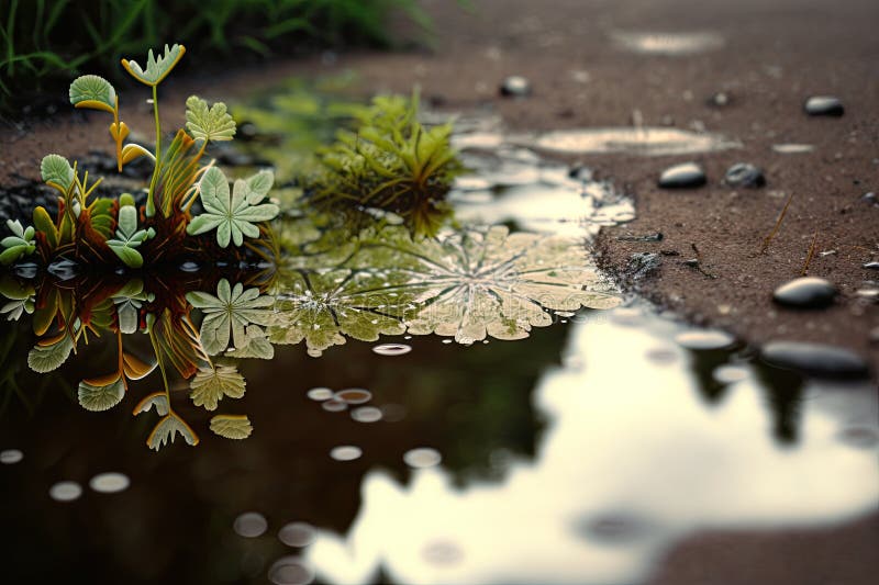 Close-up of Puddle, with Raindrops Reflecting the Sky and Surrounding ...