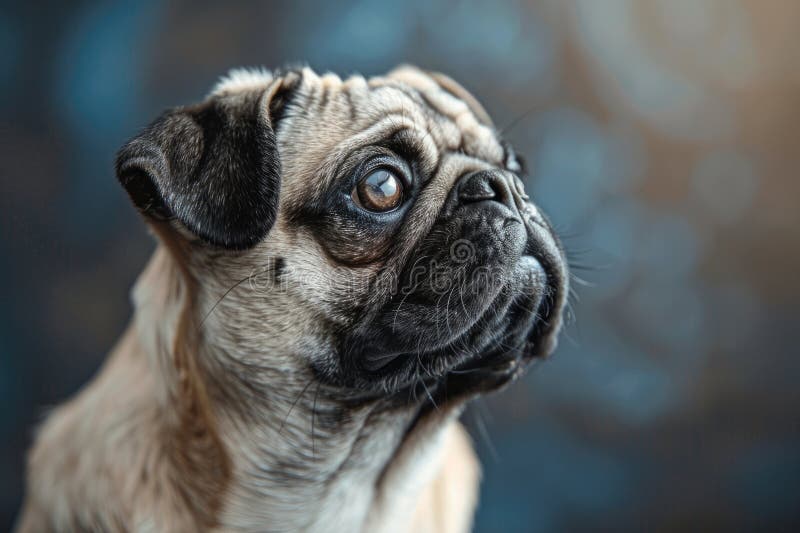 Close-Up of Pug Dog Looking Thoughtful with Soft Blue Background Stock ...