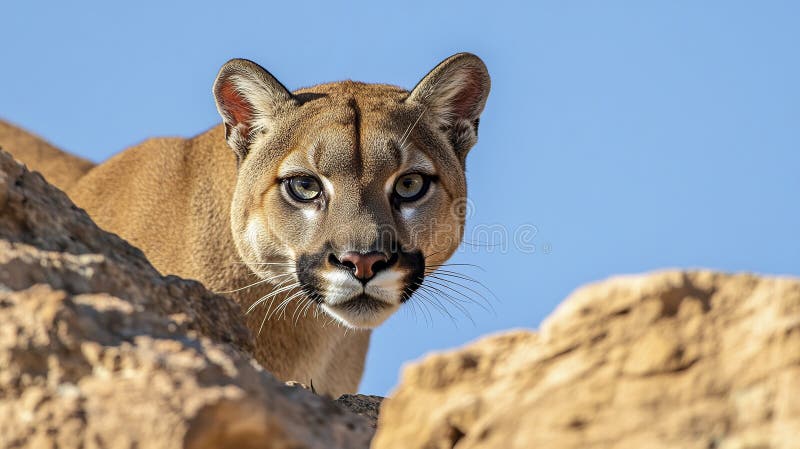 A Close-up of a Puma Gazing from Behind Rocks in a Natural Setting ...