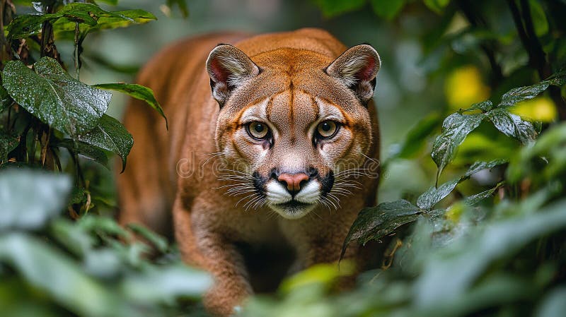 Close-up of a Puma Prowling through Dense Jungle Underbrush with ...