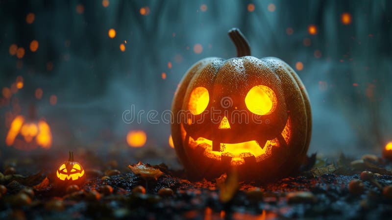 A Close Up of a Pumpkin with Glowing Eyes in the Dark Stock ...
