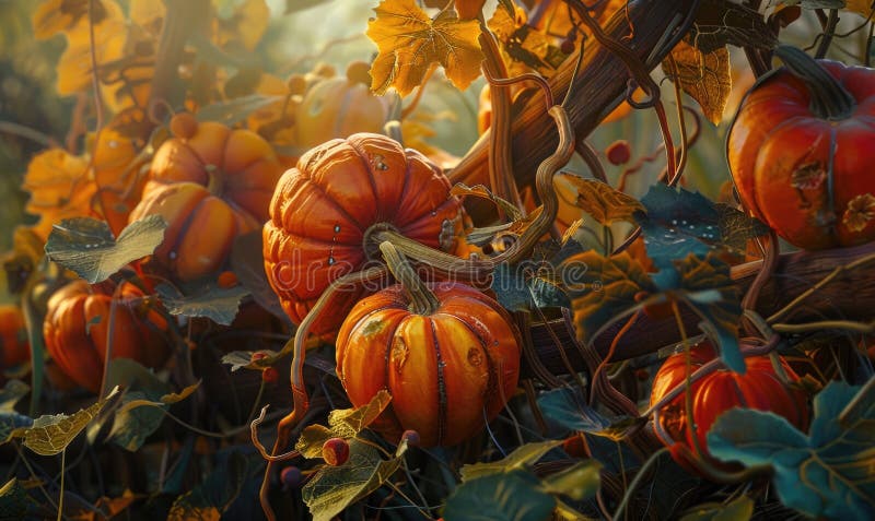 A Close-up of a Pumpkin Vine with a Focus on a Single Large Pumpkin Stock Image - Image of gourd ...