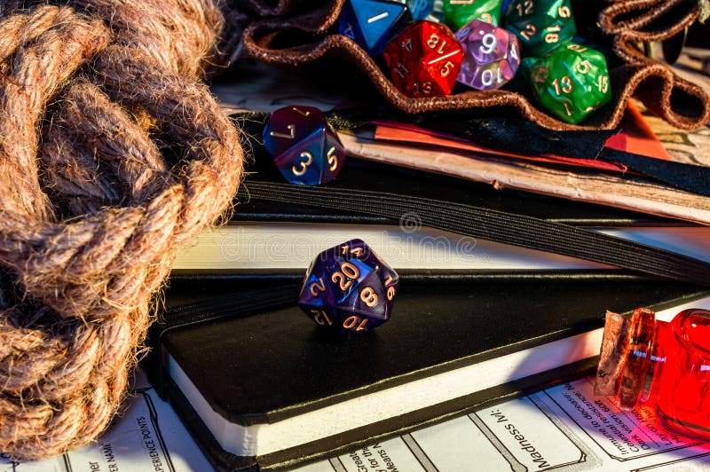 Close-up of a Purple D20 on a Black Note-book Stock Image - Image of ...