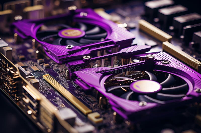 Close-up of Purple Graphics Cards on a Modern Motherboard in a Dimly ...