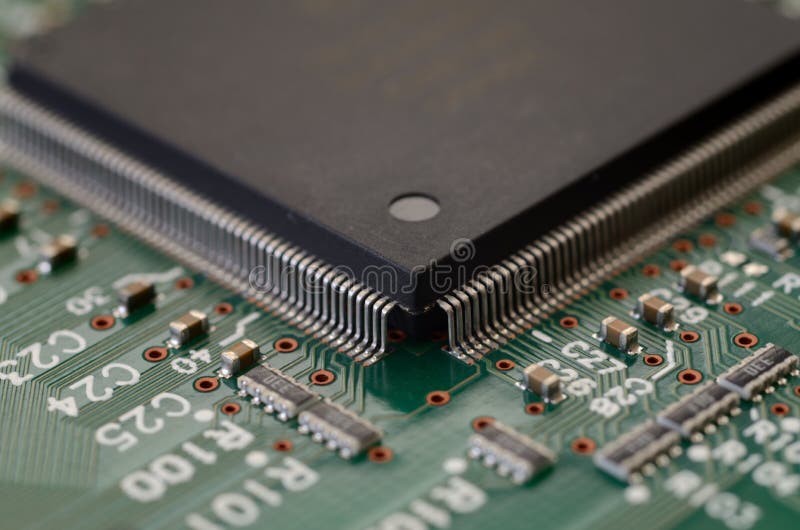 Close Up Quad Flat Pack on PCB Stock Image - Image of circuits ...