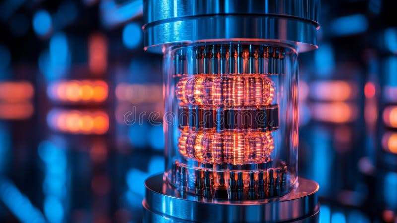 Close-up of a Quantum Computer Core Glowing Bright Orange and Blue ...