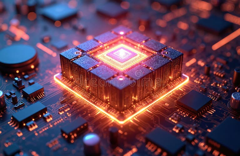 Close-up of Quantum Computer Processor, Glowing Cube on Circuit Board. Computing, Future Tech ...