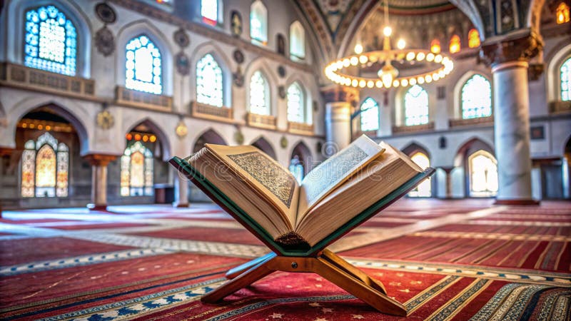 A Close-up of a Quran Displayed Inside a Mosque Stock Illustration ...