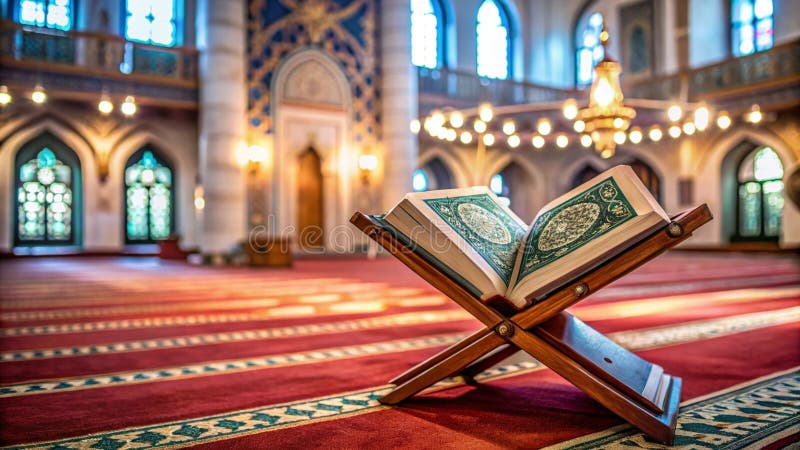 A Close-up of a Quran Displayed Inside a Mosque Stock Illustration ...