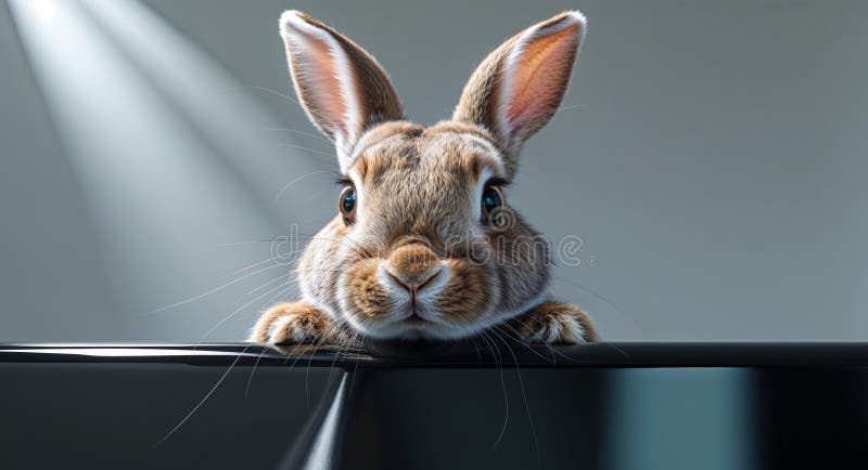 A Close Up of a Rabbit Peeking Over a Black Surface Stock Photo - Image ...