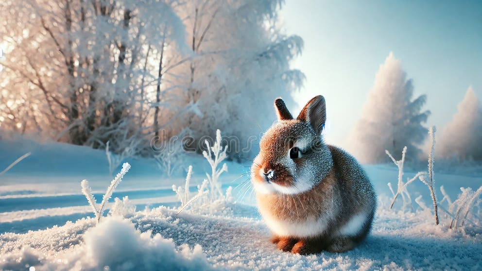 Close-up of a Rabbit Sitting on Snow-covered Ground Stock Illustration ...