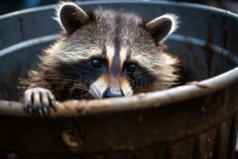 Close Up of Raccon in Old Garbage Bin Stock Illustration - Illustration ...