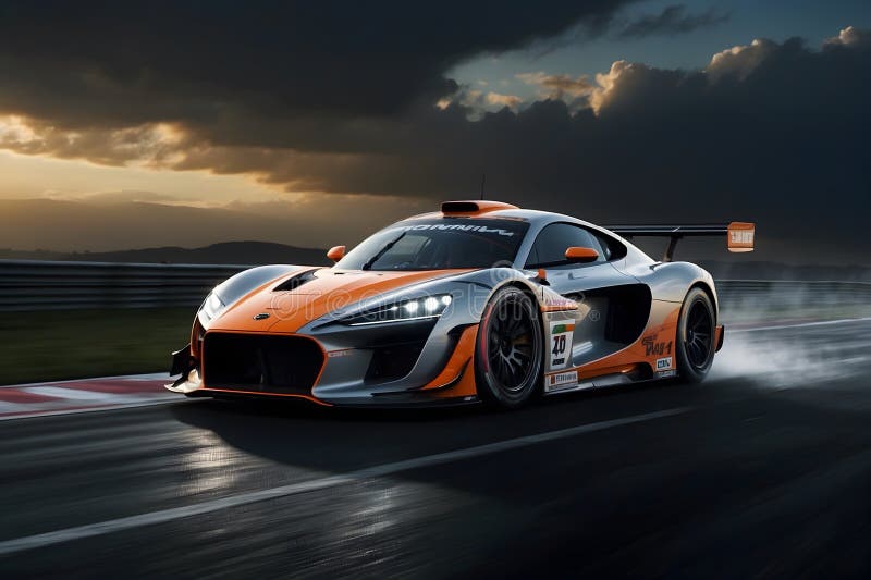 A Close Up of a Race Car on a Racetrack with a Dramatic Background ...
