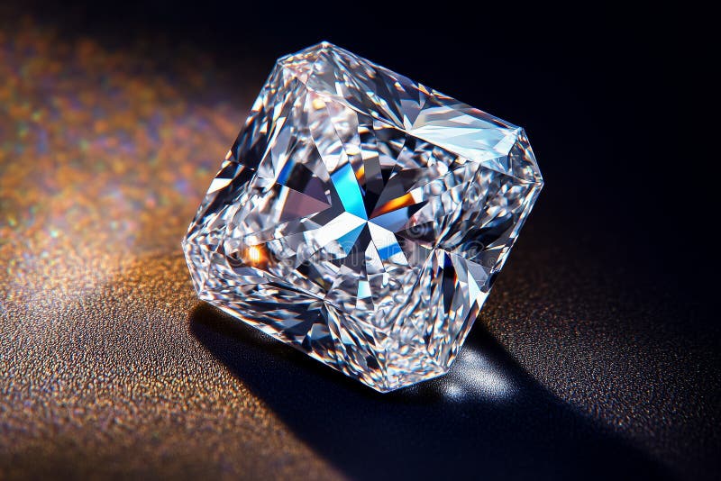 Close-up of a Radiant Cut Diamond Reflecting Colorful Light on a Dark ...