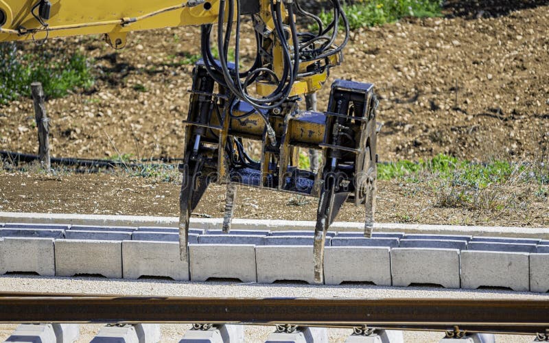 Close Up Rail Excavator on Reconstruction of the Railway Rails Stock ...